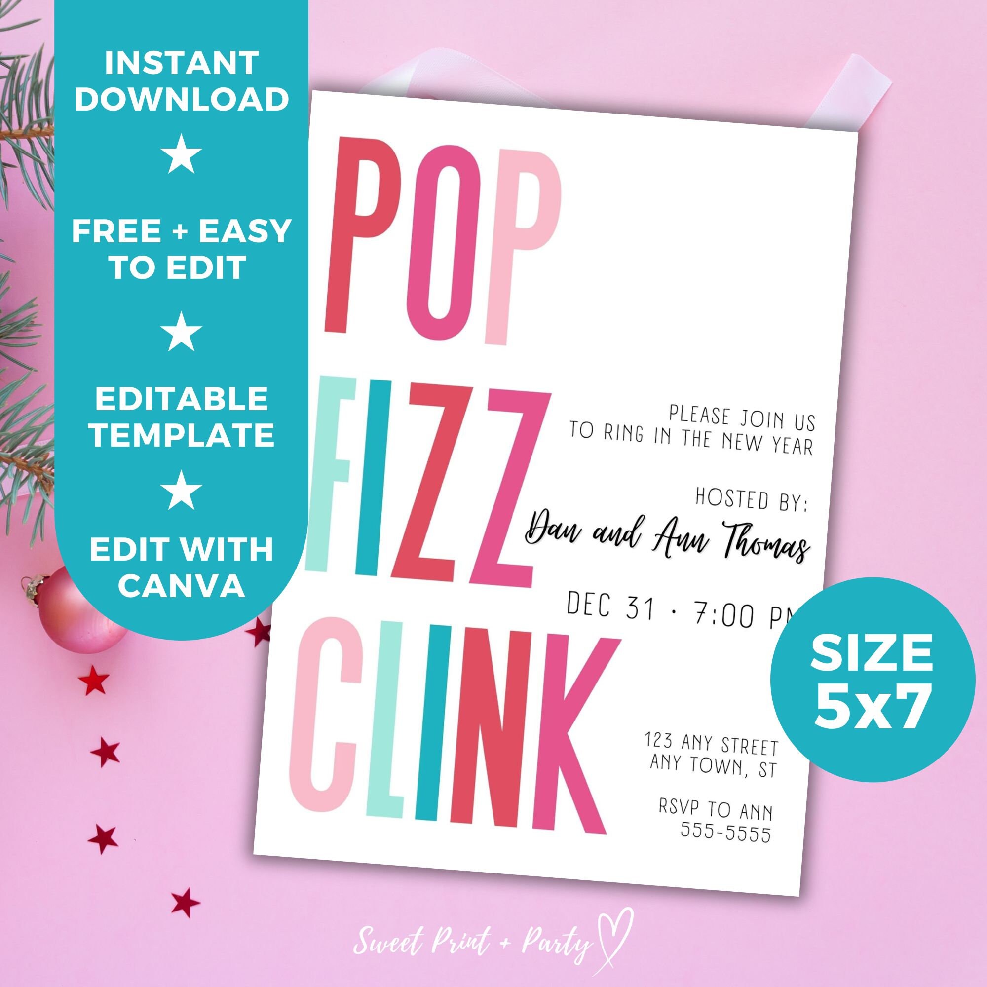 Editable Pop Fizz Clink Cheers New Years Eve Party Invitation Template ...