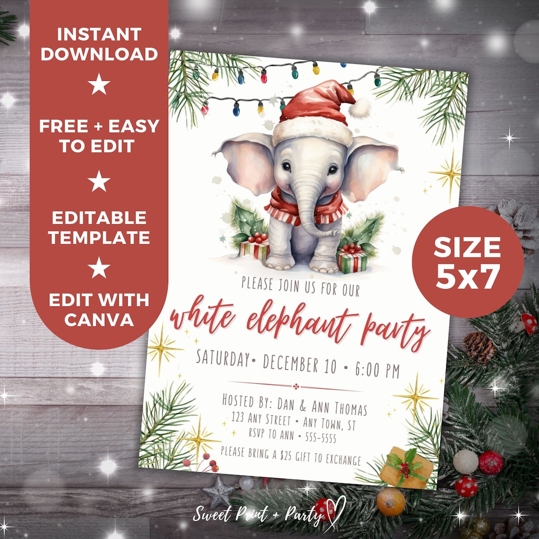 White Elephant Funny Christmas Party Editable Invitation Template ...