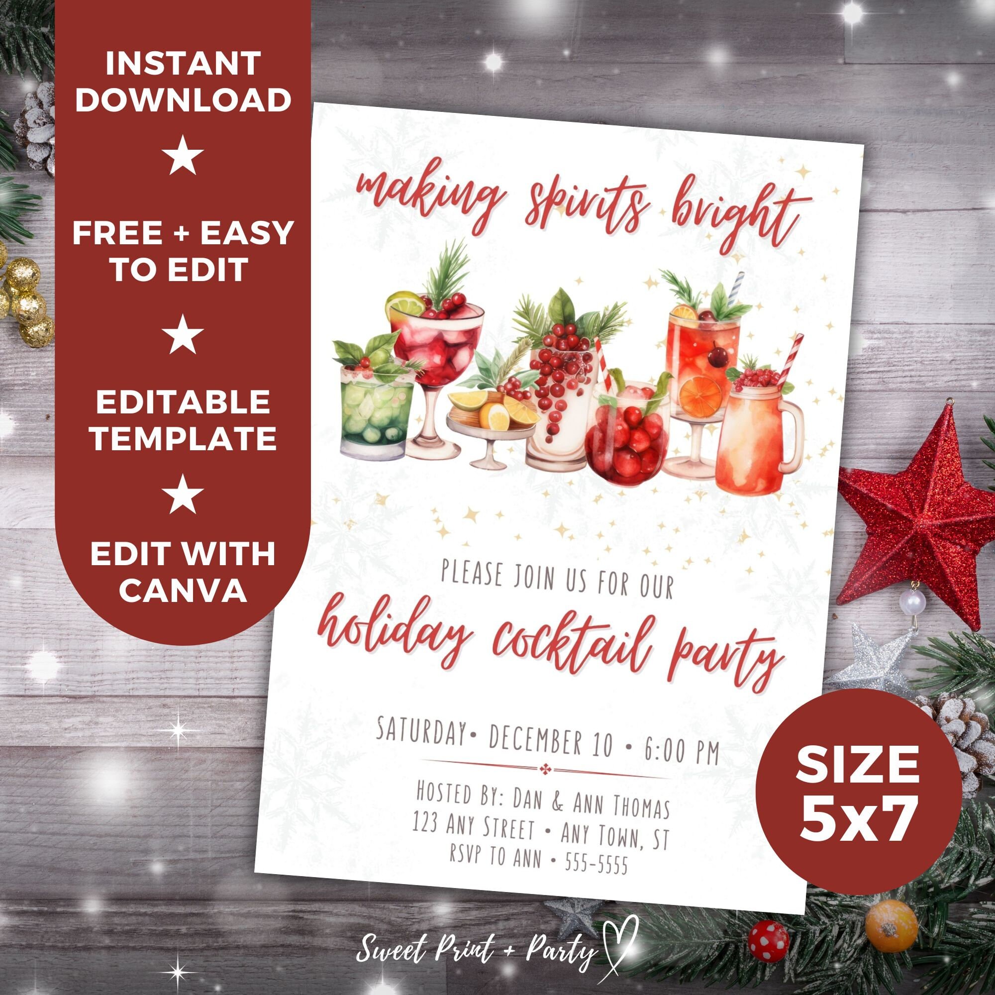 Editable Making Spirits Bright Christmas Cocktails Party Invitation ...