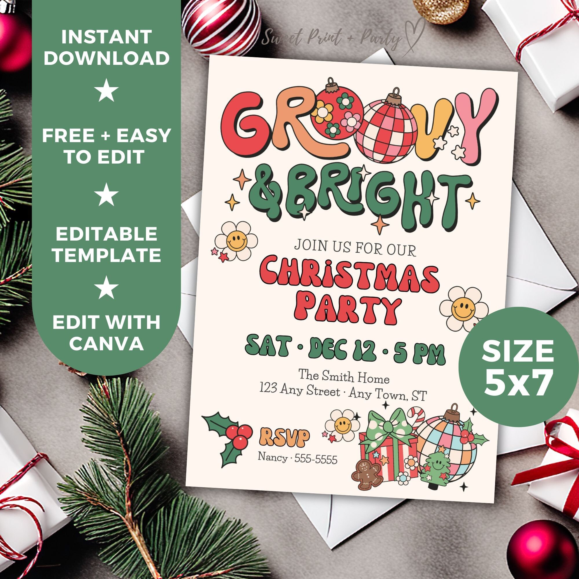 Editable Groovy and Bright Christmas Party Invitation Template, Retro ...