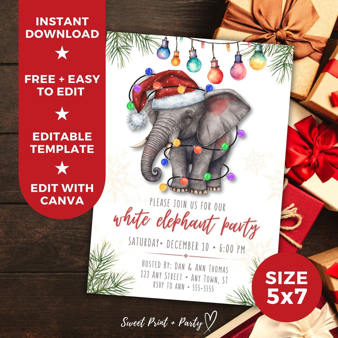 Editable White Elephant Funny Christmas Party Invitation Template ...