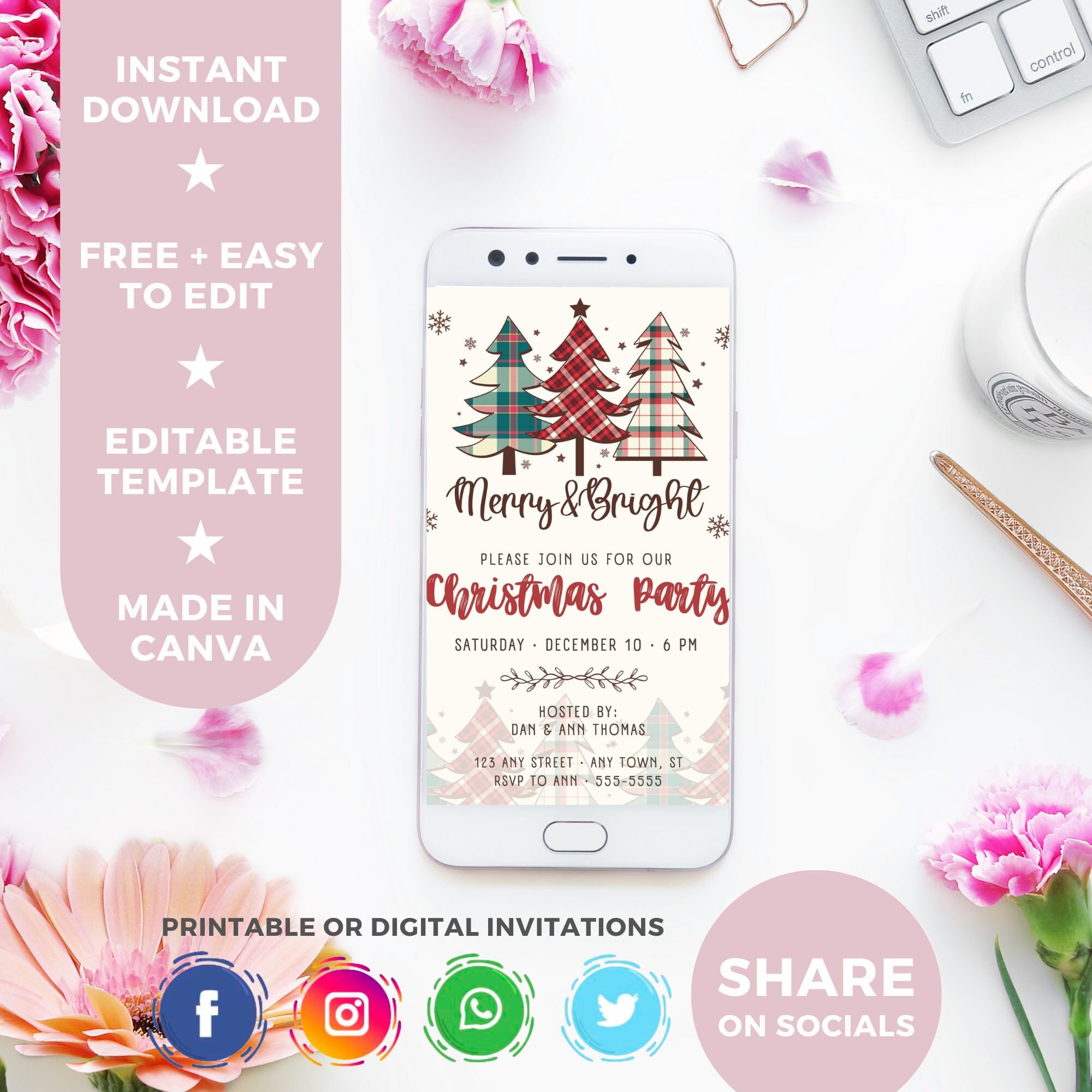 Editable Christmas Party Invitation Template, Holiday Printable Digital ...