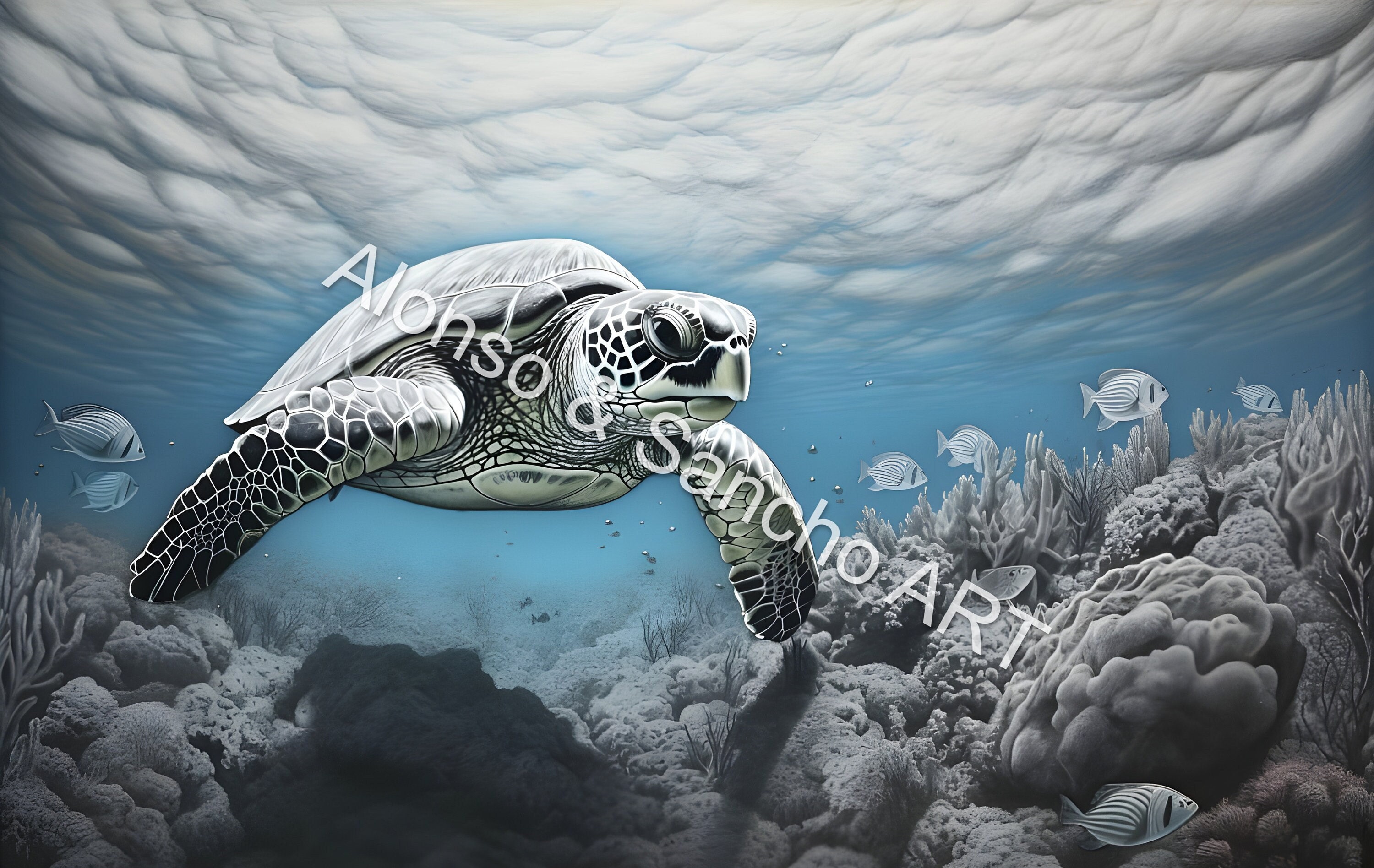 Sea Turtle Graphite Drawing Graceful Guardian Digital Art Print - Etsy