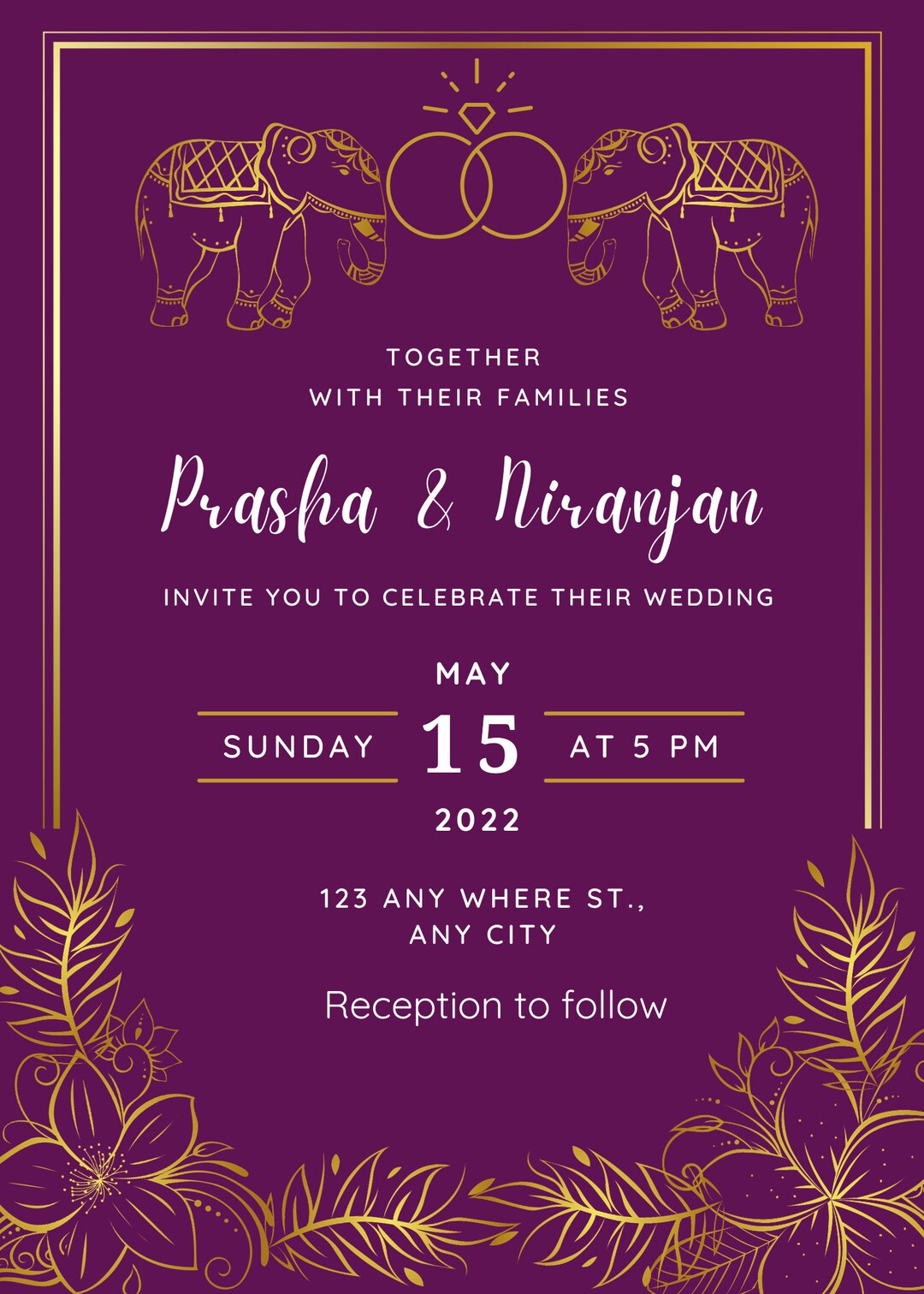 Indian Wedding Invitation Card Gold and Purple Floral Wedding - Etsy
