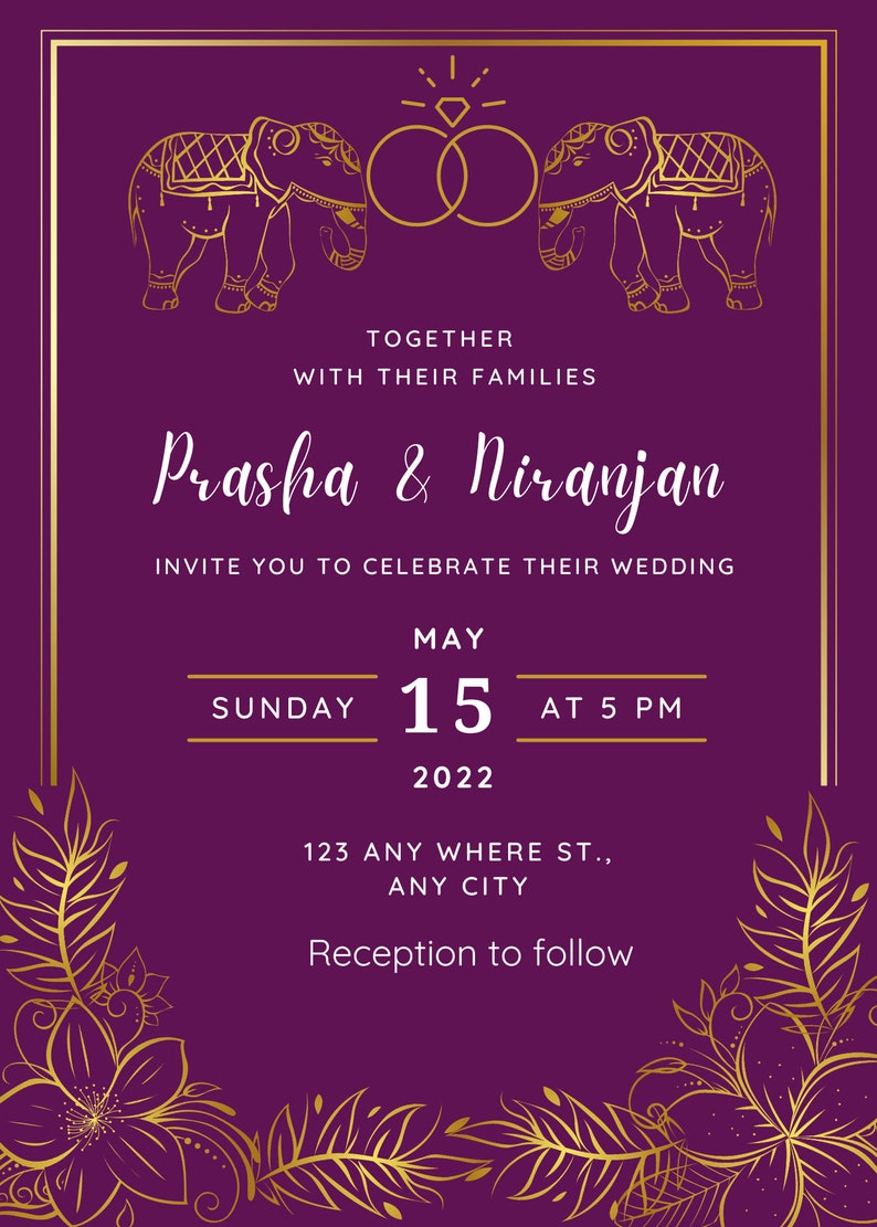 Indian Wedding Invitation Card Gold and Purple Floral Wedding - Etsy