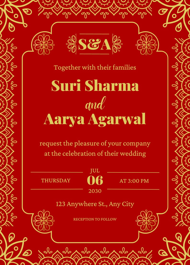 Indian Wedding Invitation Card Red and Gold Classic Gold Wedding Square ...