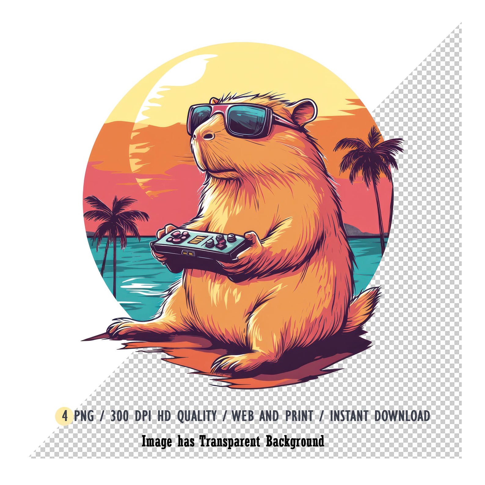 Capybara PNG, Funny Vintage Capybara With Sunglasses Playing Video ...