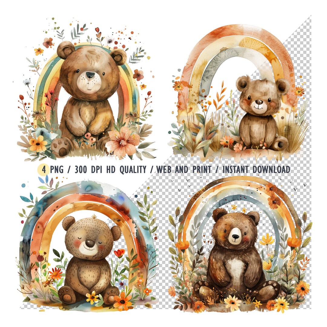 Super-cute Rainbow, Bears Boho Watercolor, Bears and Florals PNG, Boho ...