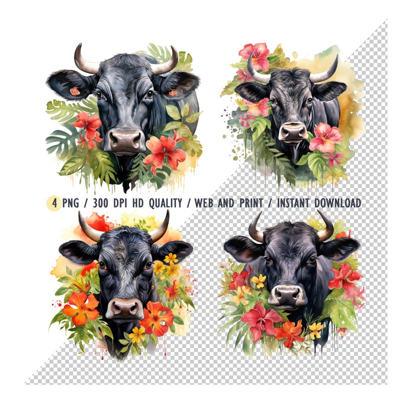 Watercolor Tropical Flowers and Plant Leaves Black Angus Cow Clipart ...