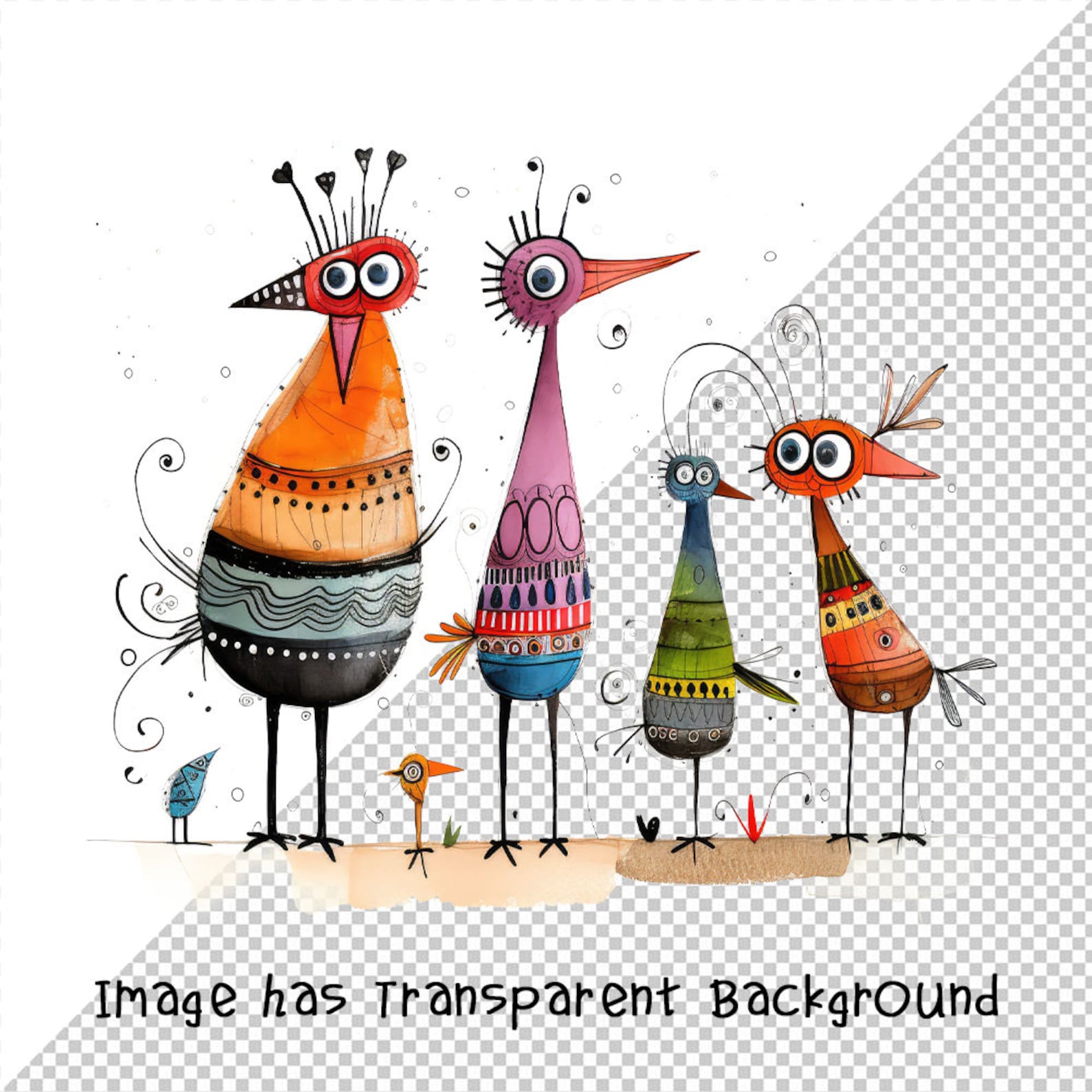 Whimsical Funny Birds Clipart, Whimsical Birds Watercolor PNG, Colorful ...