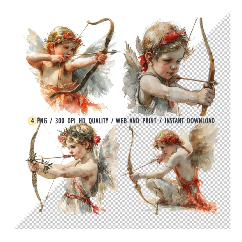 Cupid With Bow and Arrow PNG, Cupid Watercolor Clipart, Vintage Cherub ...