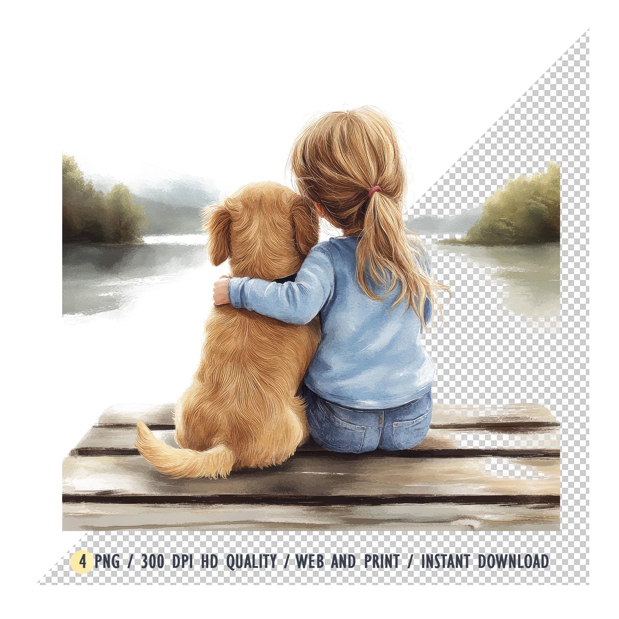 Blond Little Girl Hugging Her Dog Clipart, Kid Blond Girl Hugging Her ...