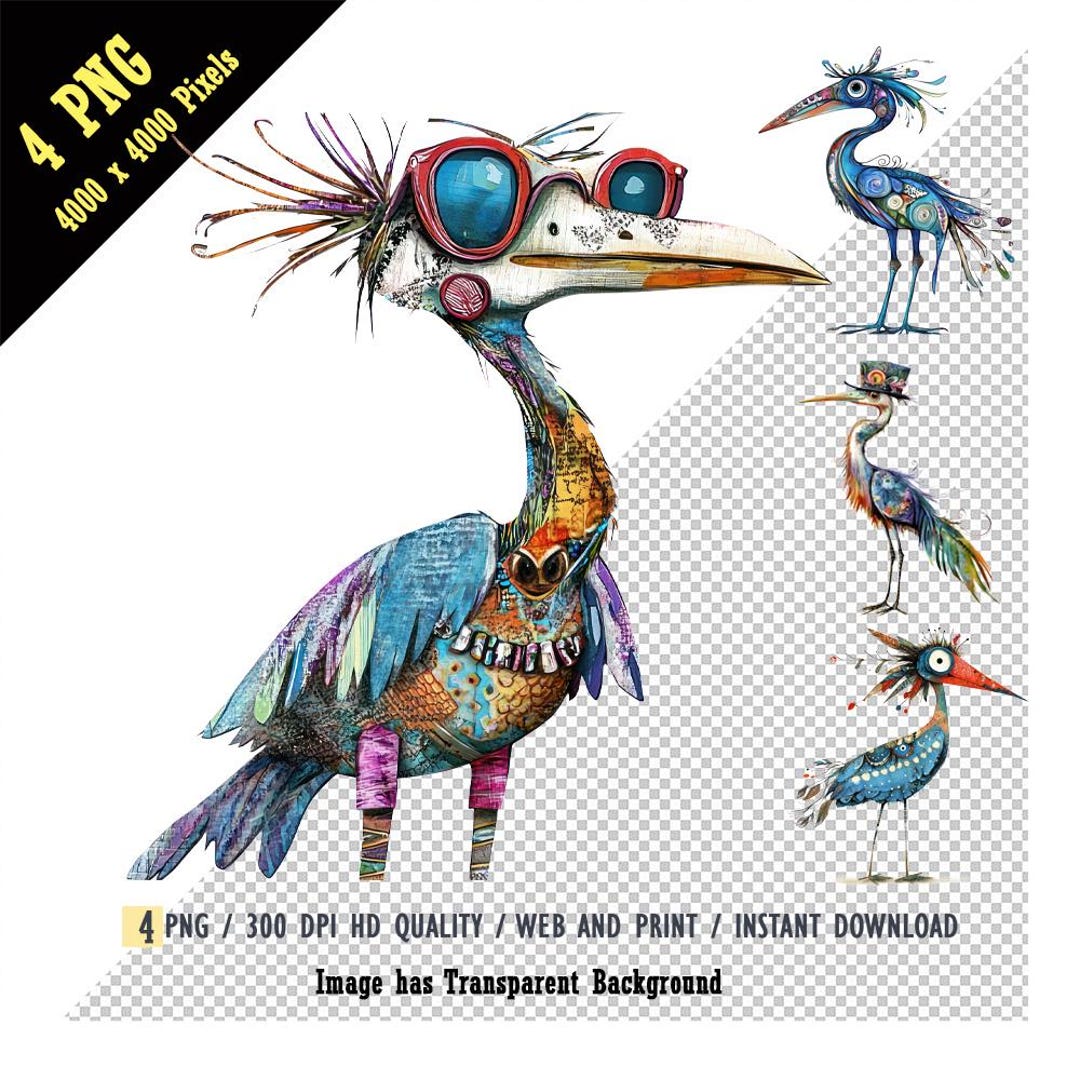 Whimsical Crazy Blue Heron Bird PNG, Clipart Quirky Heron Characters ...