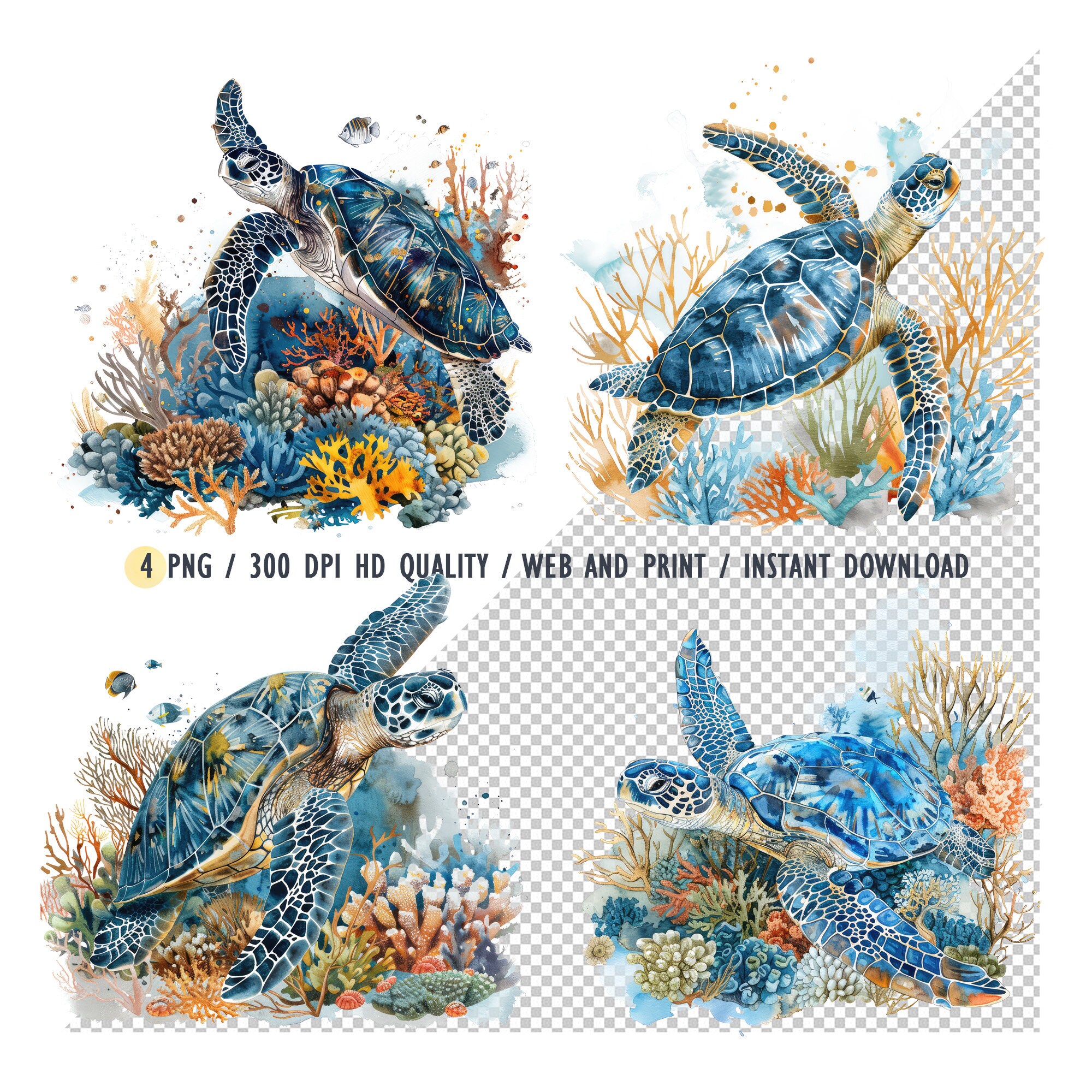 Clipart Watercolor Sea Turtle Swimming Near Vibrant Coral Reefs,ocean ...