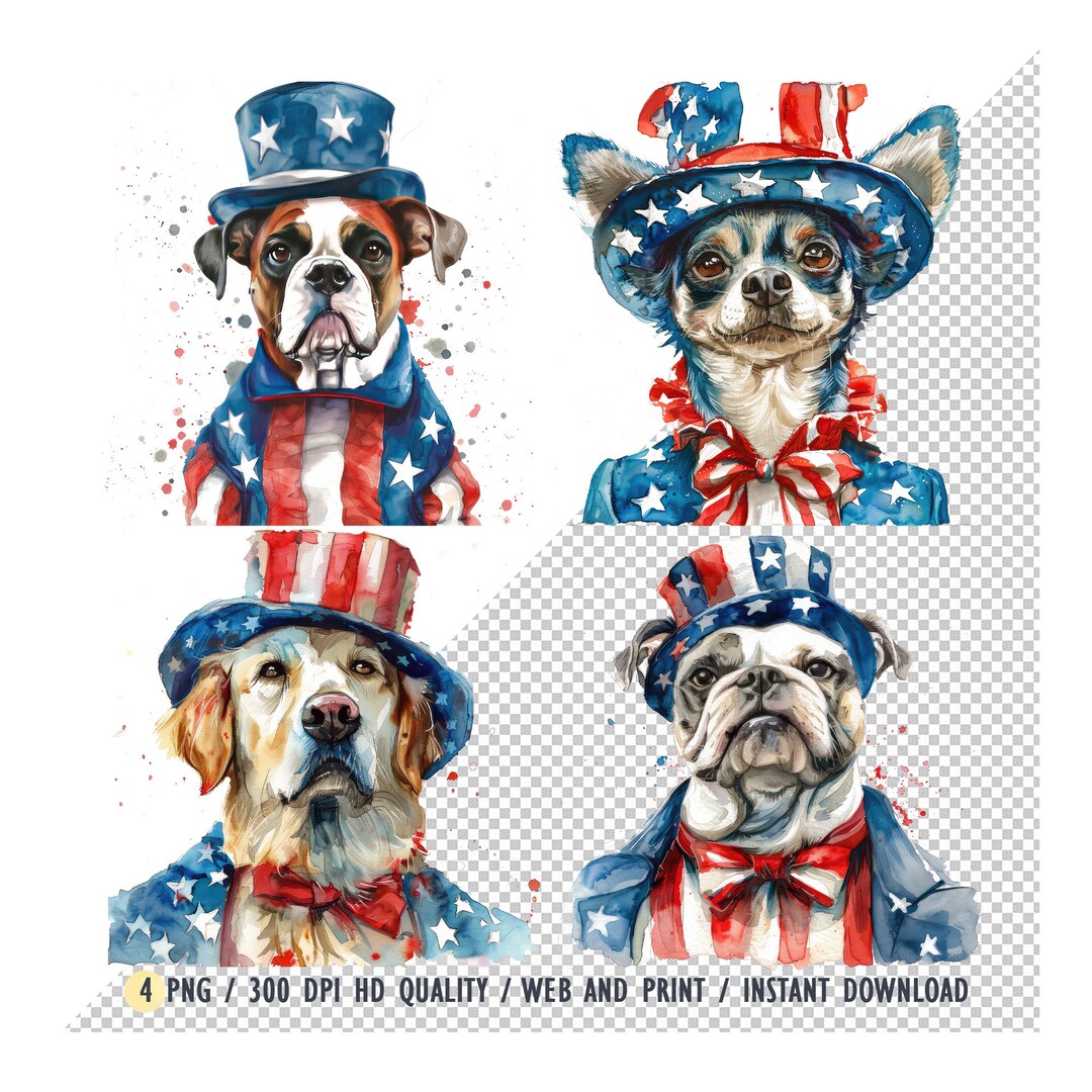 Patriotic Pets Costumes Watercolor, Cute Dogs Dressed as Uncle Sam ...