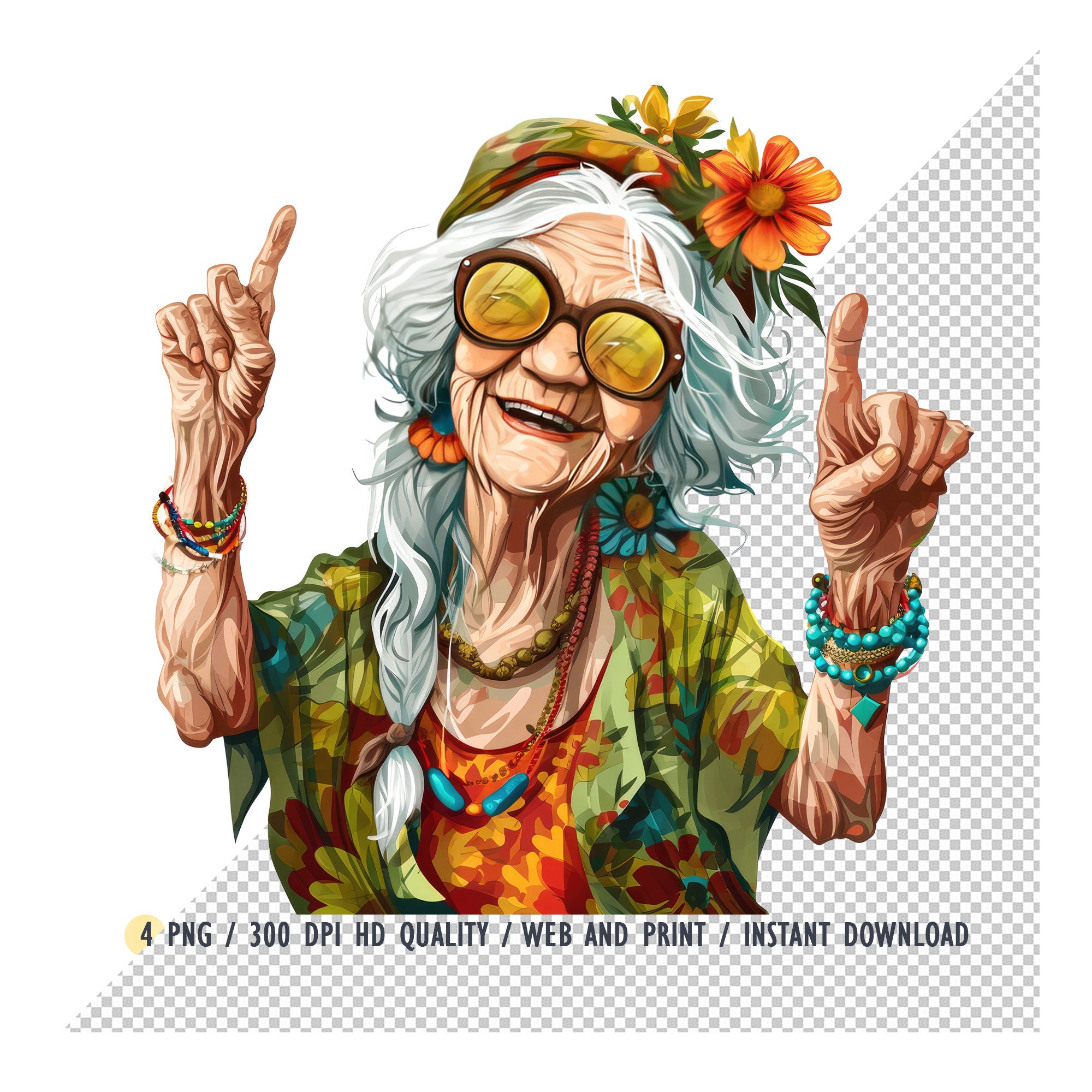 Cute Old Happy Lady Hippie PNG, Funny Old Ladies Clipart, Grandmother ...