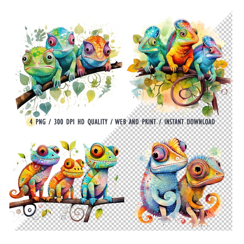 Whimsical Charming Chameleons Clipart,watercolor Whimsical Charming ...