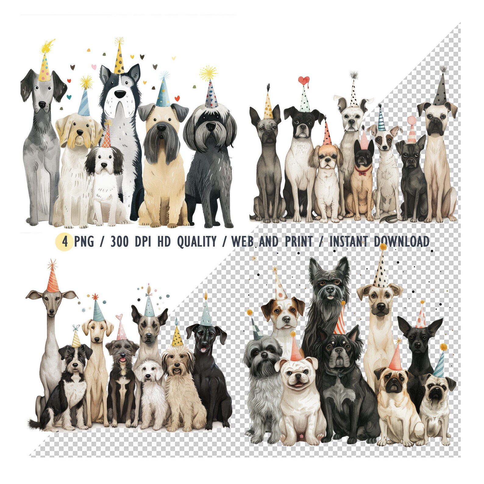 A Group of Cute Dogs Party Birthday Clipart,watercolor Whimsical Dogs ...