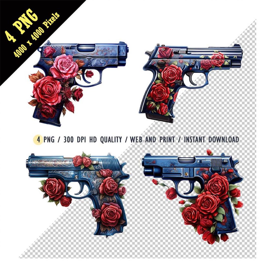 Handgun With Beautiful Roses Clipart, Gun With Flower Watercolor PNG ...