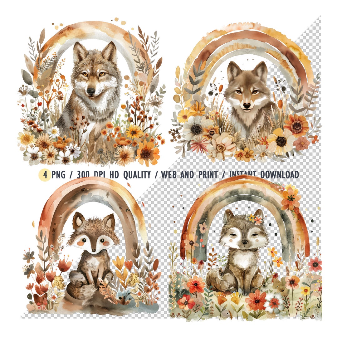 Super-cute Rainbow, Wolf Boho Watercolor, Wolf and Florals PNG, Fox ...