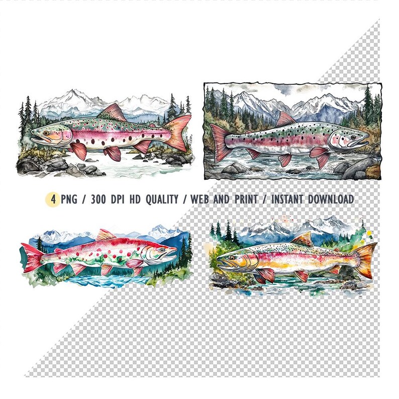 Watercolor Drawing of Steelhead Salmon Trout PNG, Swimming River in ...