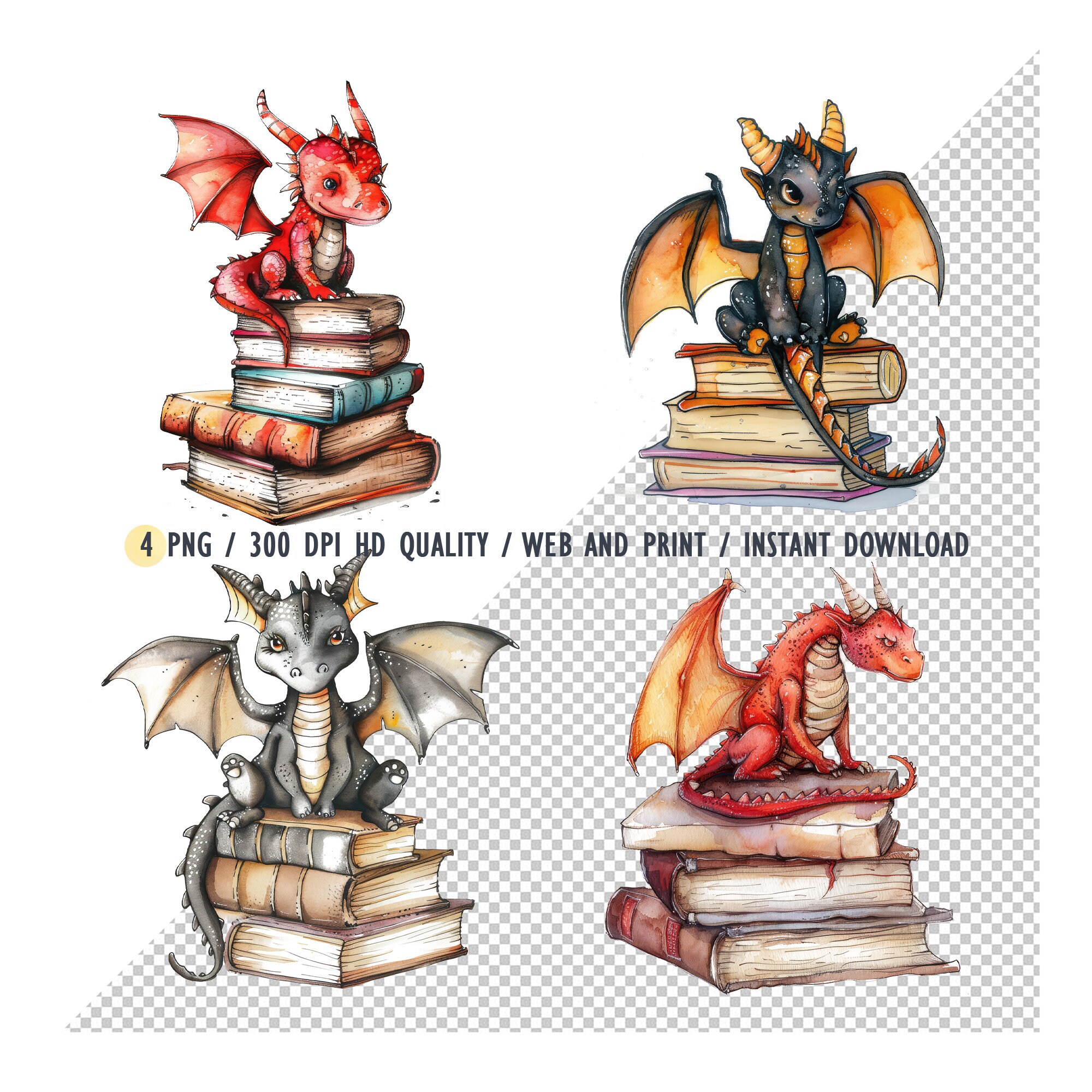Dragon Books Png,watercolor Dragon Guarding Stack Books Clipart,dragon ...