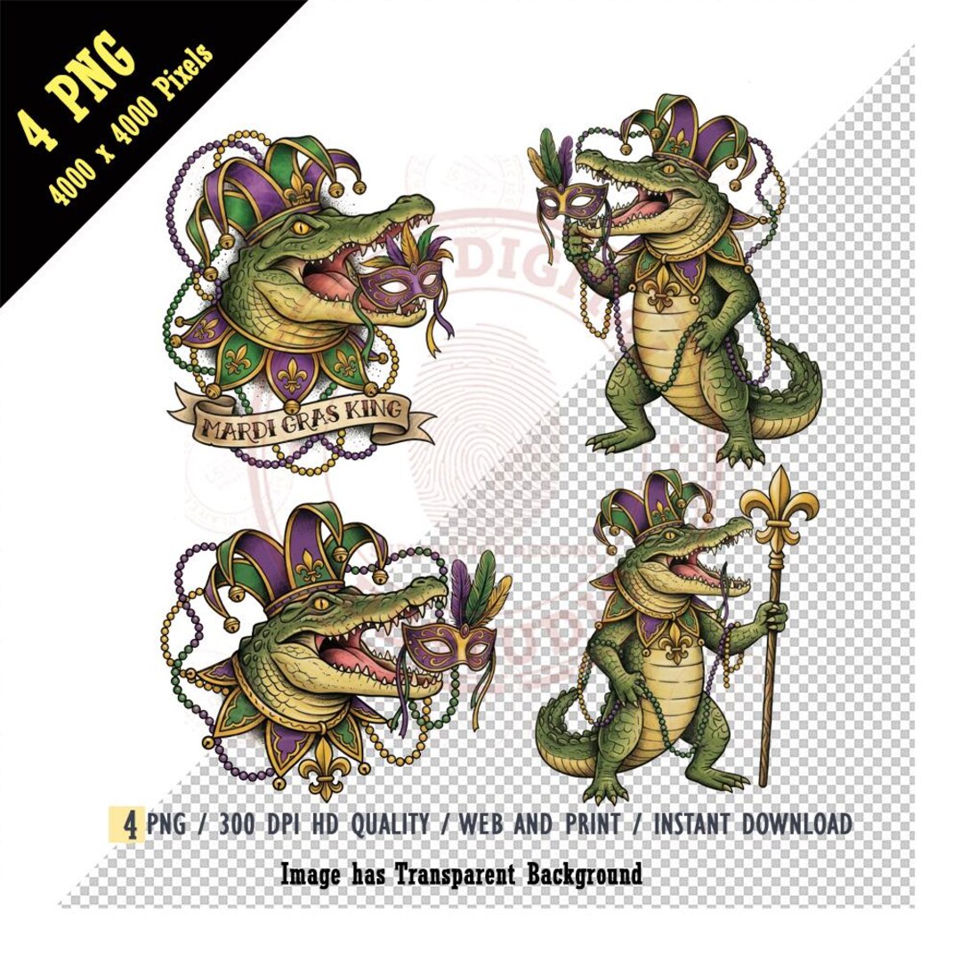 Mardi Gras Sublimation PNG, Crocodile With Mask & Fleur De Lis, Fat ...