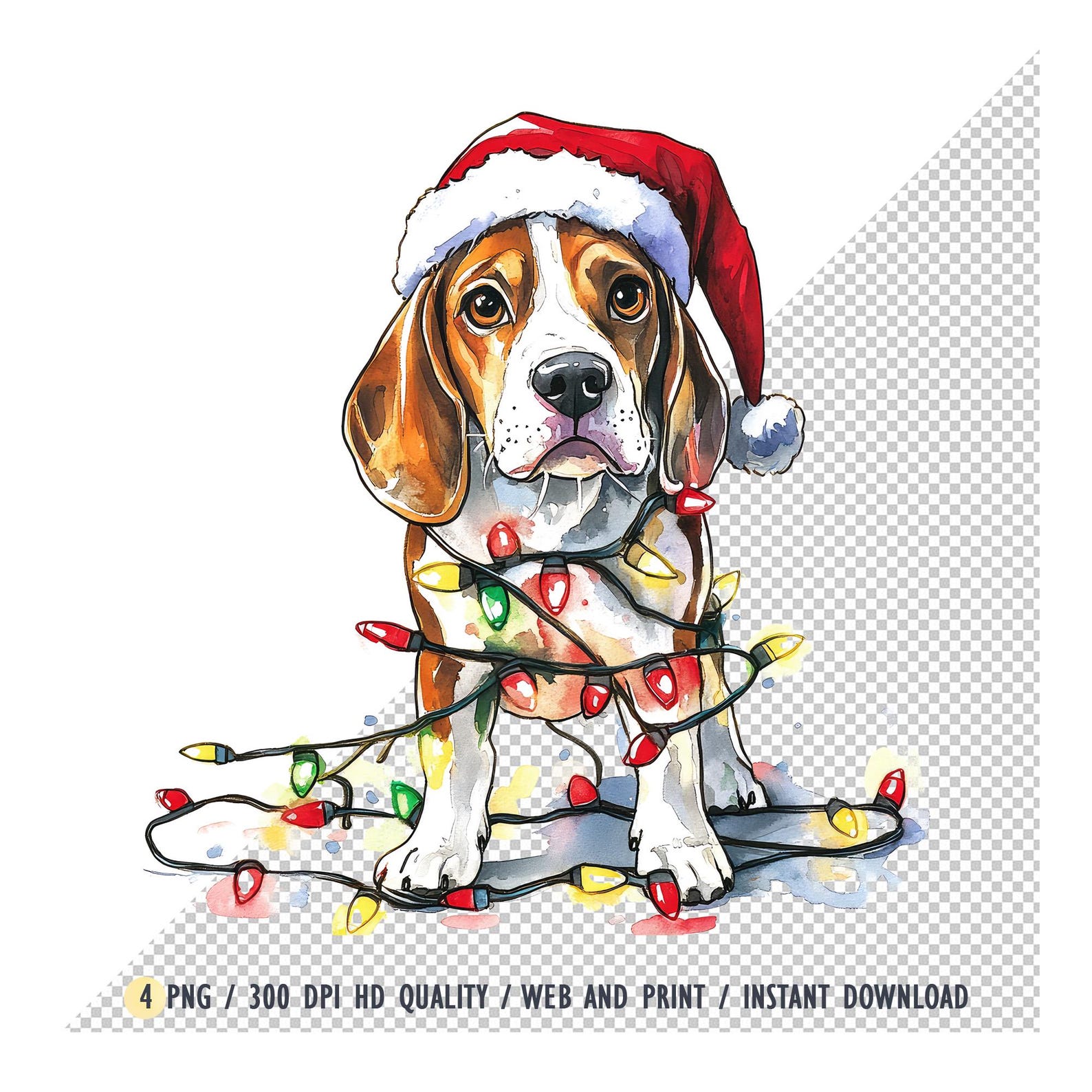 Watercolor Beagle Santa Hat With Lights Wrapped, A Beagle Standing With ...