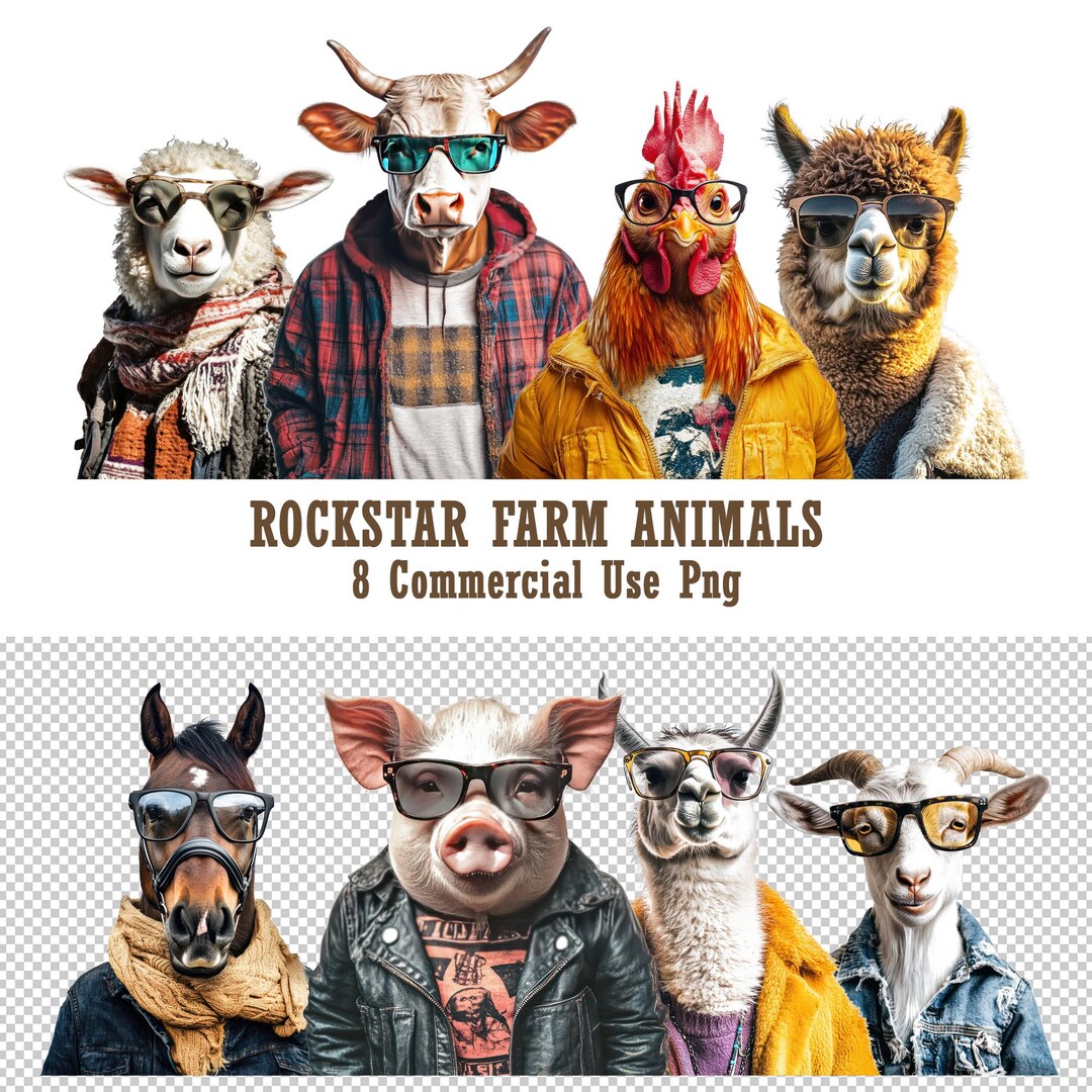 Rockstar Farm Animal Clipart Bundle PNG, Cattle,sheep,pig,goat,llama ...