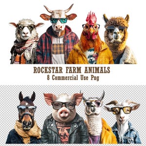 Rockstar Farm Animal Clipart Bundle PNG, Cattle,sheep,pig,goat,llama ...
