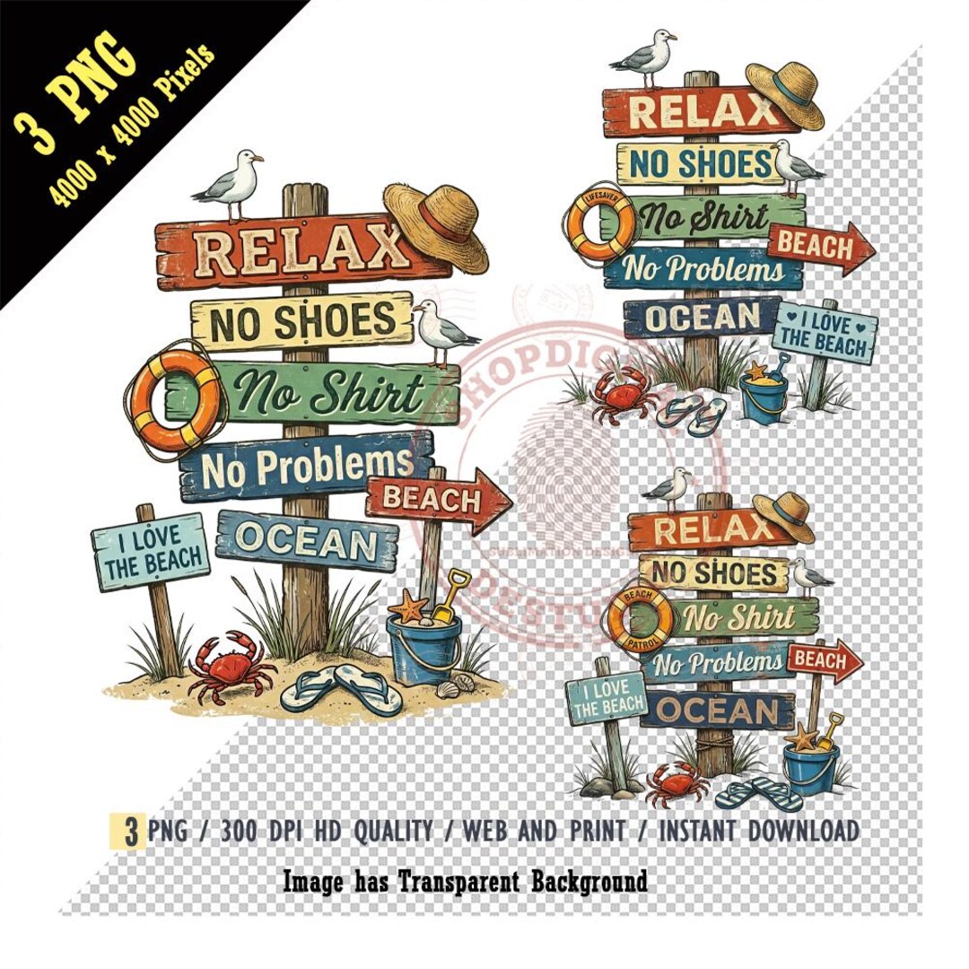 Distressed Beach Signpost PNG Digital Download, Vintage Summer Vacation ...