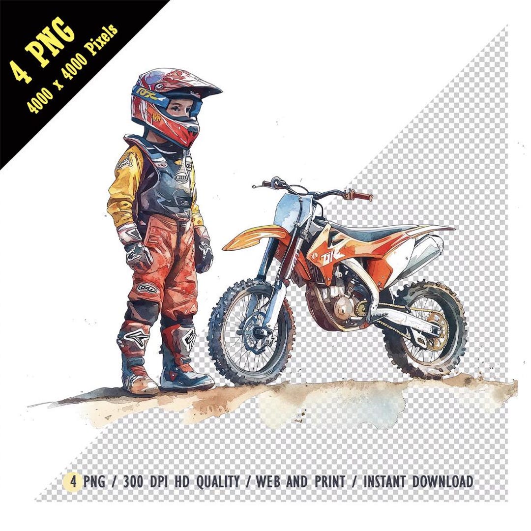 Watercolor Dirt Bike Kids, Dirt Bike Kid, Cute Kid in Racing Gear ...