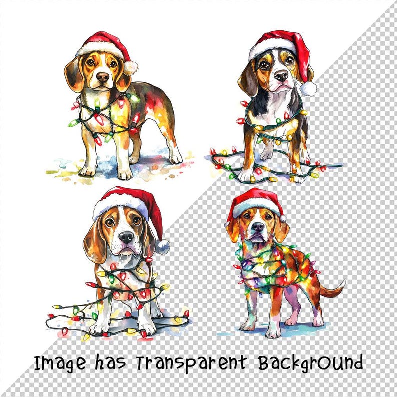 Watercolor Beagle Santa Hat With Lights Wrapped, A Beagle Standing With ...