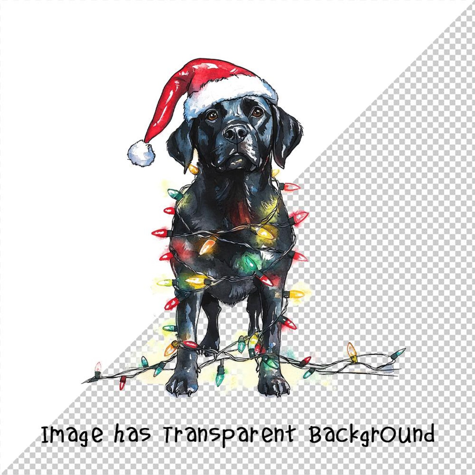 Watercolor Black Labrador Santa Hat With Lights Wrapped, Black Labrador ...