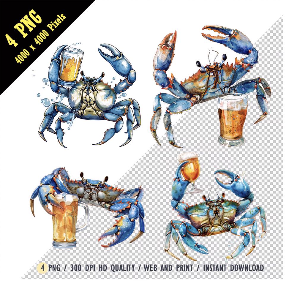Watercolor Blue Crab Holding Beer Glass Clipart,blue Crab Drinking Beer ...