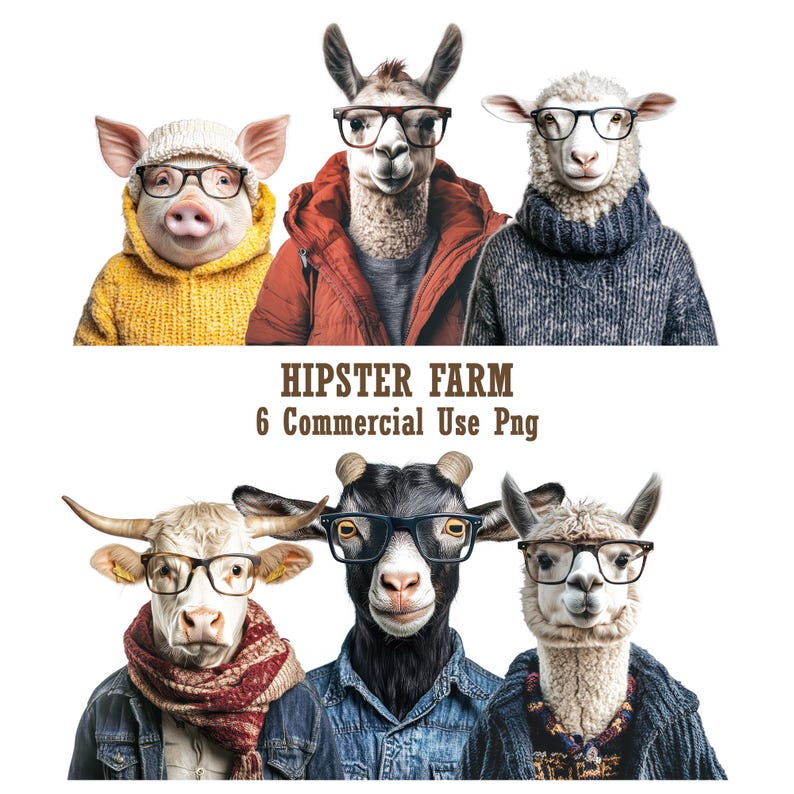 Hipster Farm Animal Clipart Bundle PNG, Cattle, Sheep, Pig, Goat, Llama ...