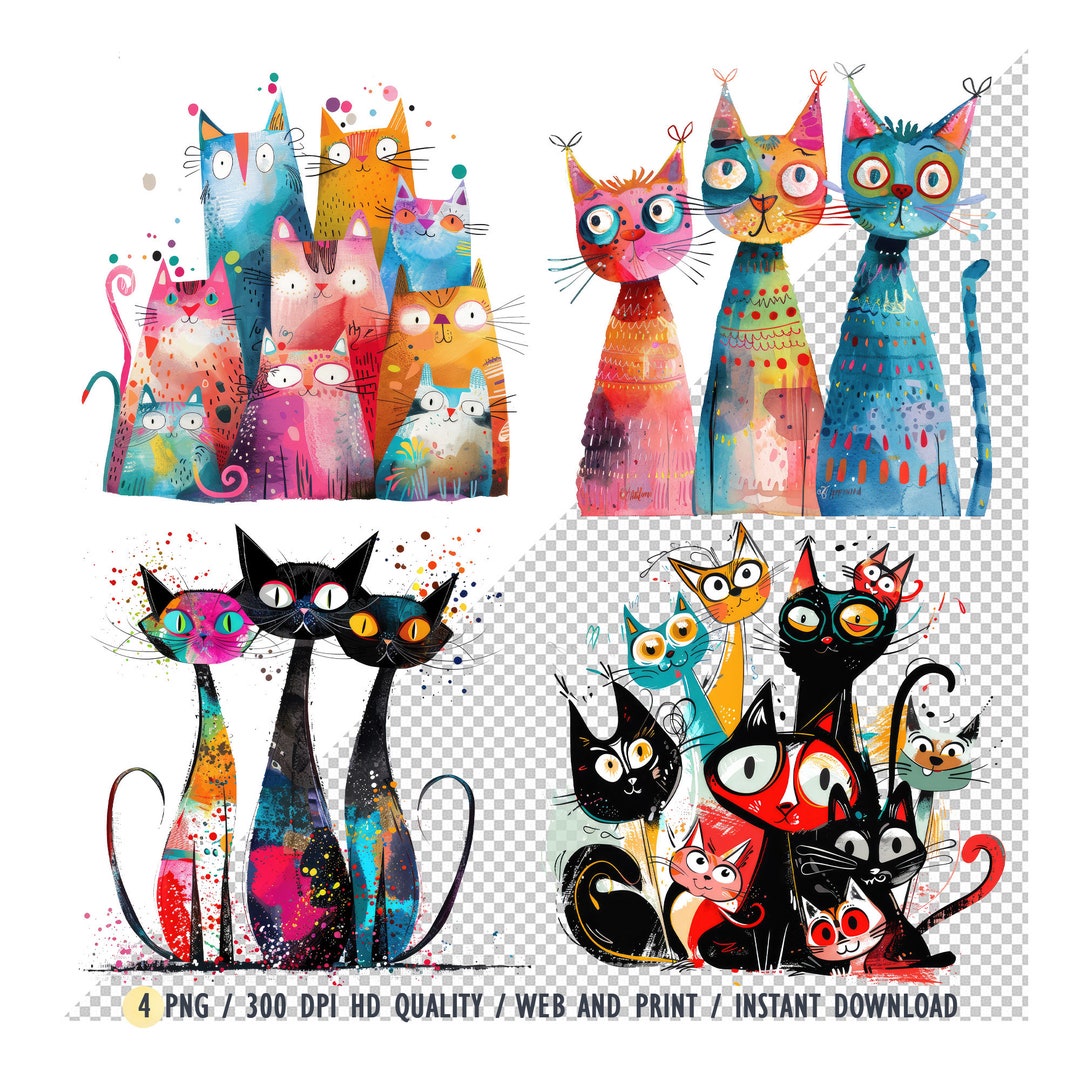 Whimsical Cute Cats Clipart, Cats Watercolor PNG, Rainbow Cats Animals ...