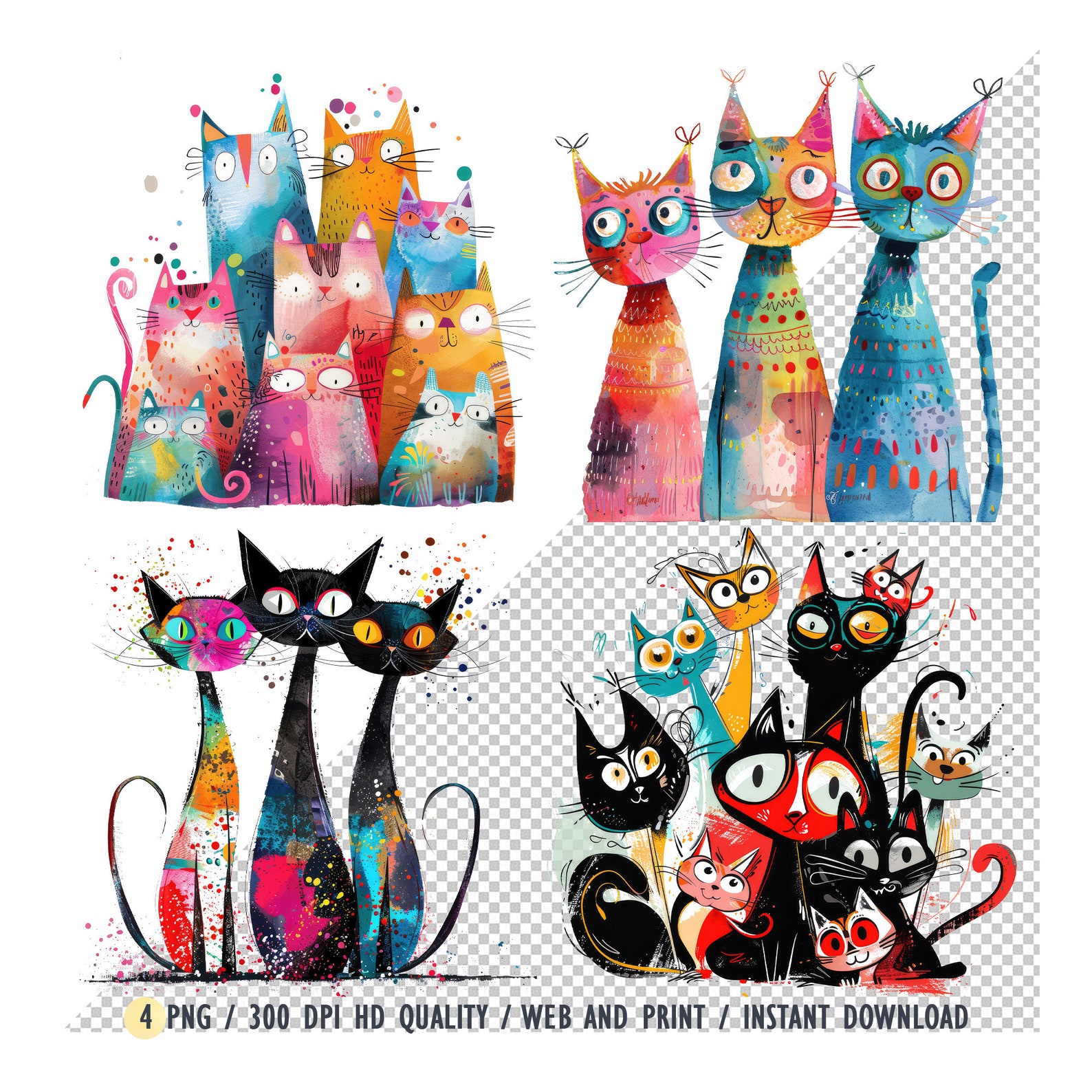 Whimsical Cute Cats Clipart, Cats Watercolor PNG, Rainbow Cats Animals ...