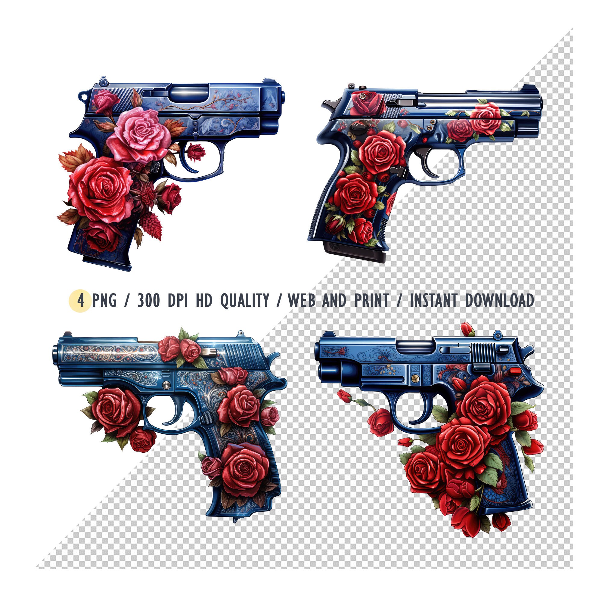 Handgun With Beautiful Roses Clipart, Gun With Flower Watercolor PNG ...