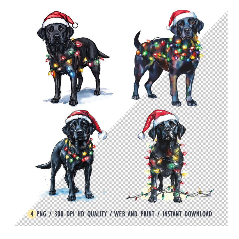 Watercolor Black Labrador Santa Hat With Lights Wrapped, Black Labrador ...