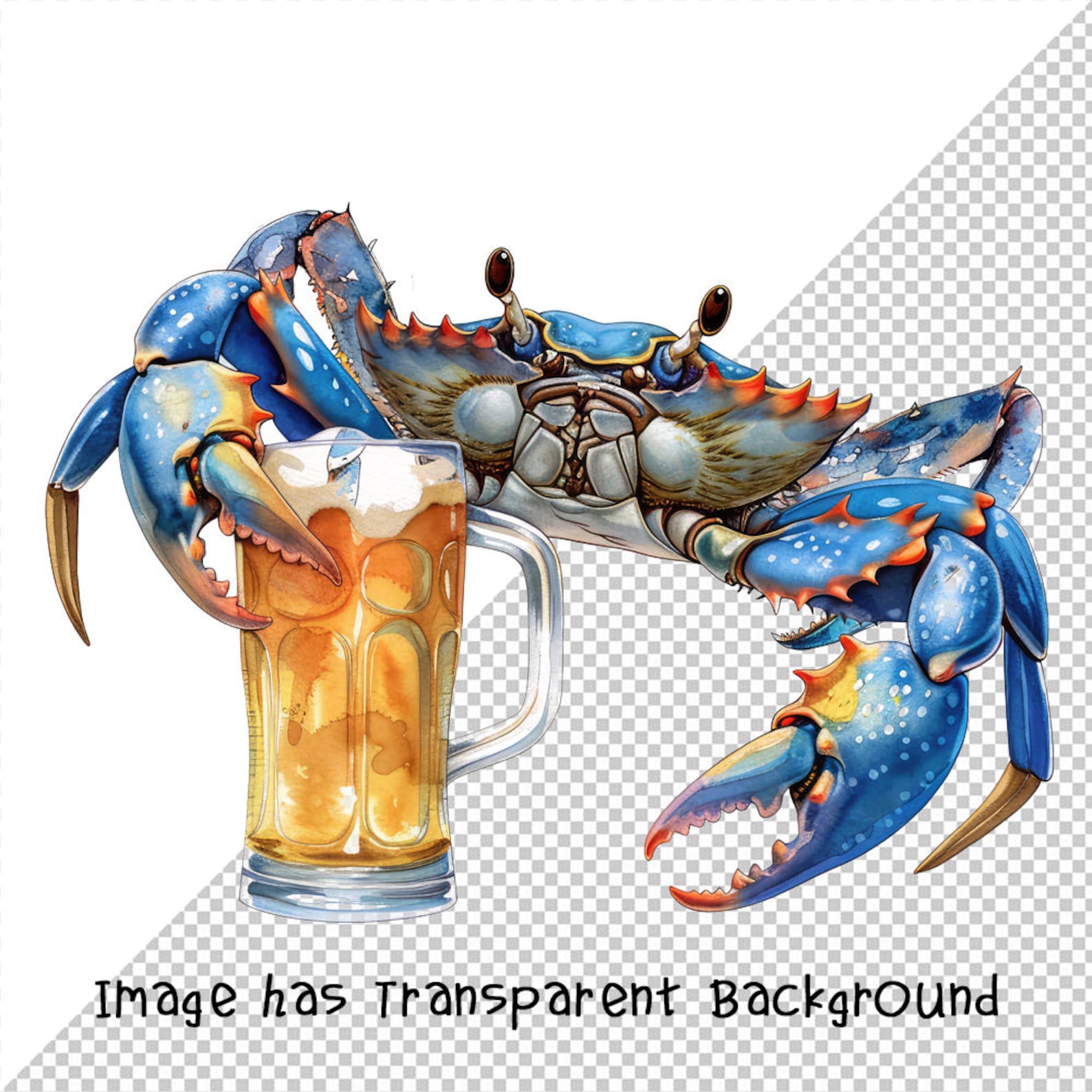 Watercolor Blue Crab Holding Beer Glass Clipart,blue Crab Drinking Beer ...