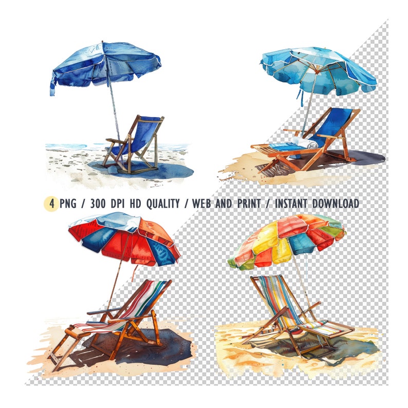Beach Chair and Umbrella Watercolor, Beach Chairs and Umbrella PNG ...