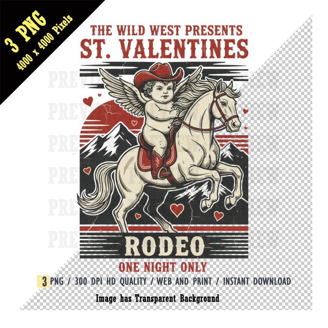 St. Valentine's Rodeo PNG Sublimation, Wild West Cupid Vintage Woodcut ...