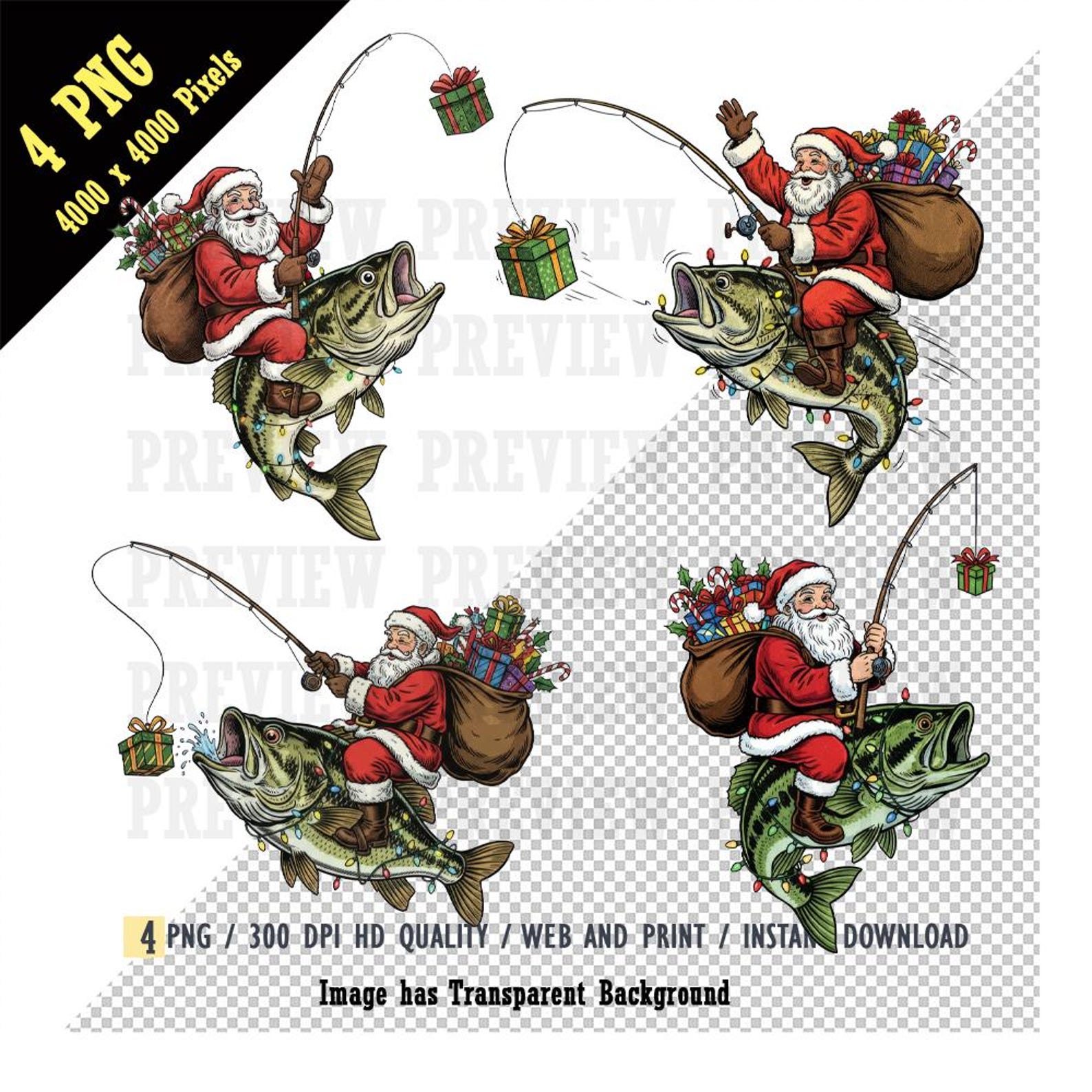 Fishing Santa PNG, Christmas Bass Fish Holiday Sublimation, Santa ...