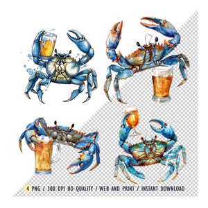 Watercolor Blue Crab Holding Beer Glass Clipart,blue Crab Drinking Beer ...