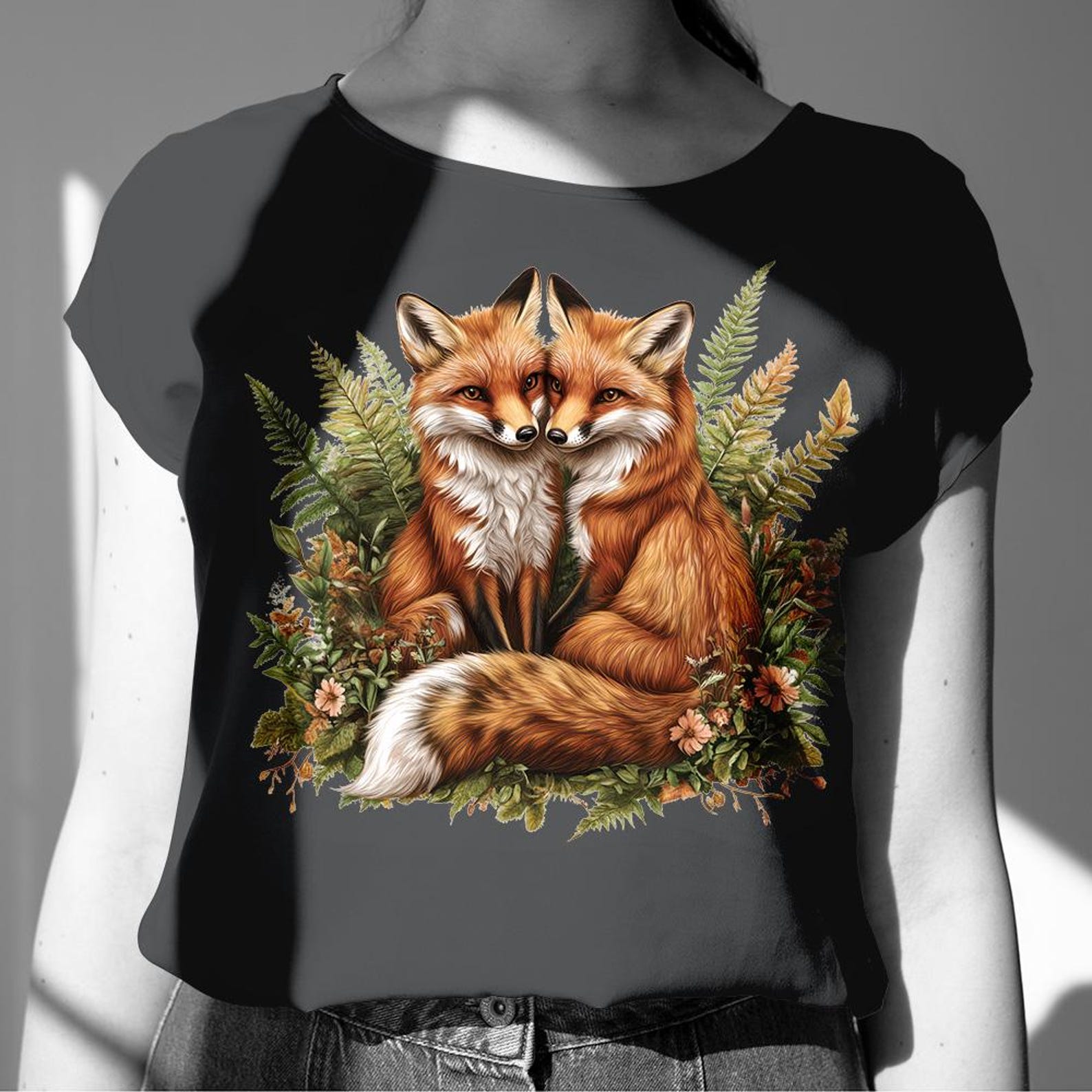 Two Foxes Their Tails Curled Together PNG, Sitting in Forest Ferns and ...