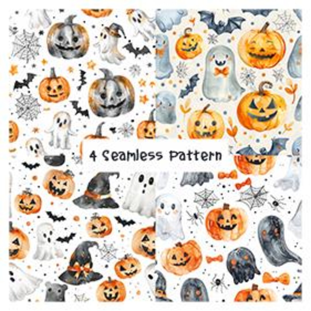 Cute Ghosts, Pumpkins, Witch Hat, Spiderwebs, Bows, Halloween Seamless ...