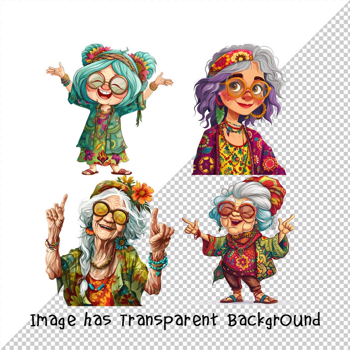 Cute Old Happy Lady Hippie PNG, Funny Old Ladies Clipart, Grandmother ...
