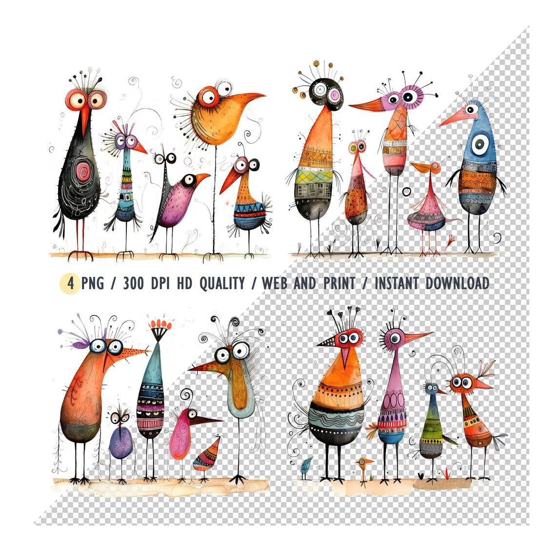 Whimsical Funny Birds Clipart, Whimsical Birds Watercolor PNG, Colorful ...
