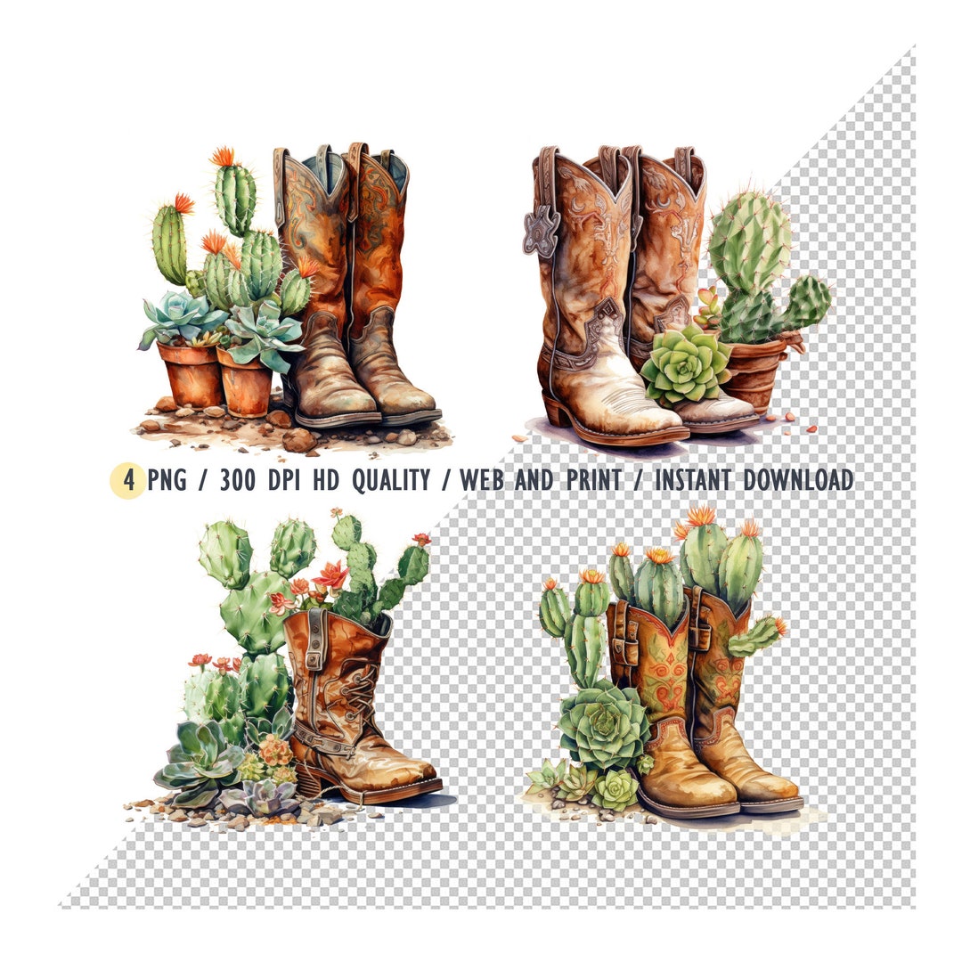 Boots and Cactus Western Style Watercolor PNG, Boots and Cactus Clipart ...